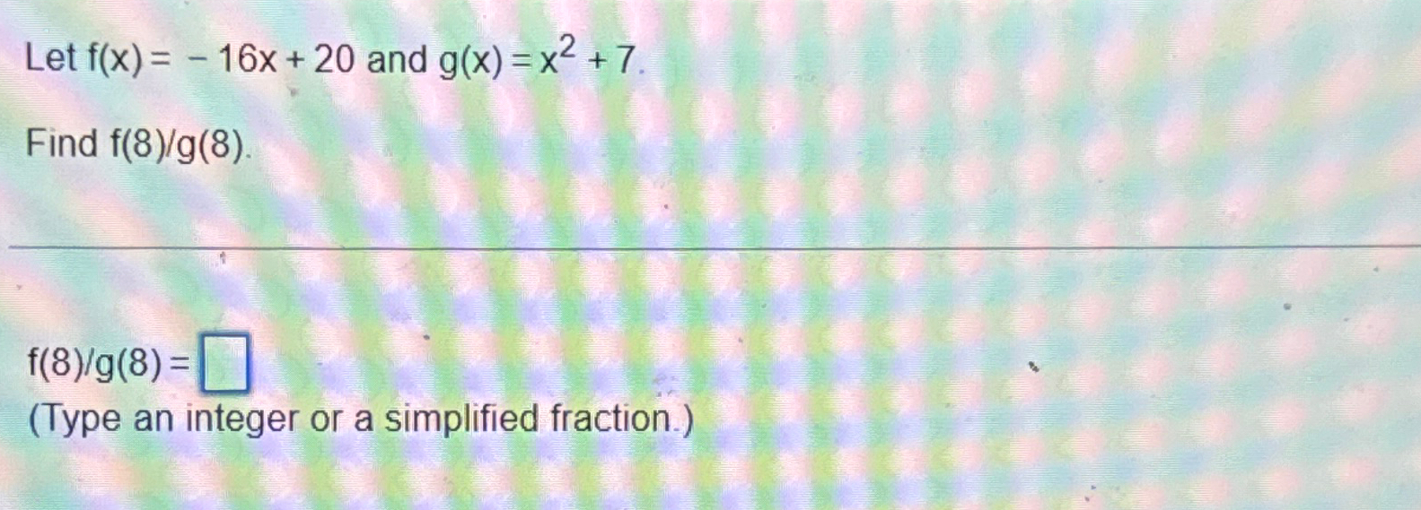 Solved Let f(x)=-16x+20 ﻿and g(x)=x2+7Find | Chegg.com