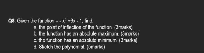 Solved Q8. Given the function =−x3+3x−1, find: a. the point | Chegg.com