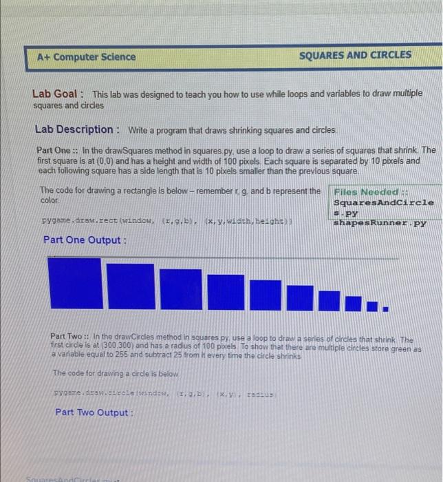 Solved A+ Computer Science SQUARES AND CIRCLES Lab Goal: | Chegg.com