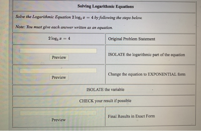 Solved Solving Logarithmic Equations Solve the Logarithmic | Chegg.com