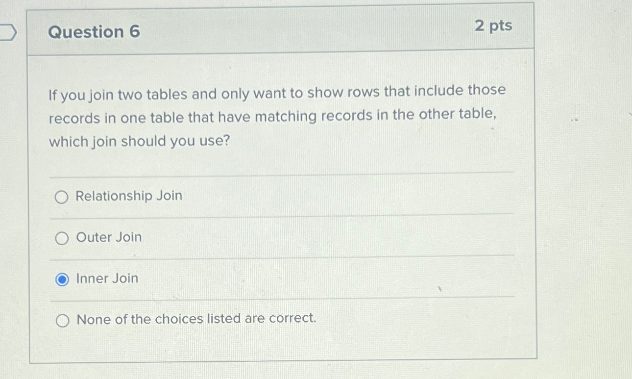 Solved Question 62 ﻿ptsIf you join two tables and only want | Chegg.com