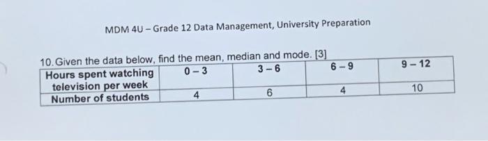 Solved MDM 4U - Grade 12 Data Management, University | Chegg.com