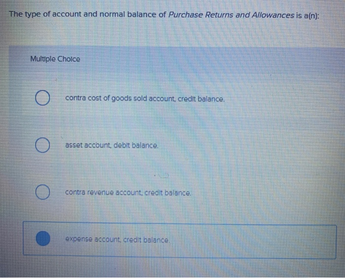 Solved The type of account and normal balance of Purchase | Chegg.com