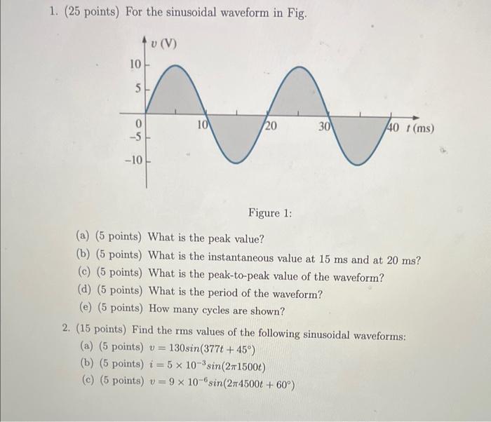 Solved 1. ( 25 points) For the sinusoidal waveform in Fig. | Chegg.com Solved 1. ( 25 points) For the sinusoidal waveform in Fig. | Chegg.com