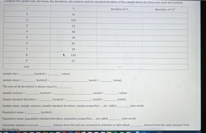 Solved compute the sample size, the mean the deviations, the | Chegg.com