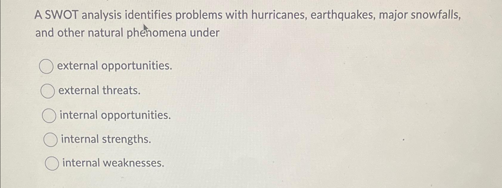 Solved A SWOT analysis identifies problems with hurricanes, | Chegg.com