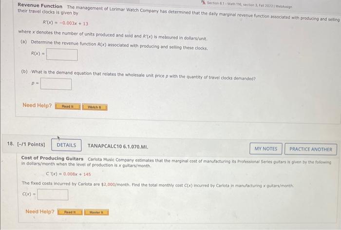 Solved Revenue Function The management of Lorimar Watch | Chegg.com