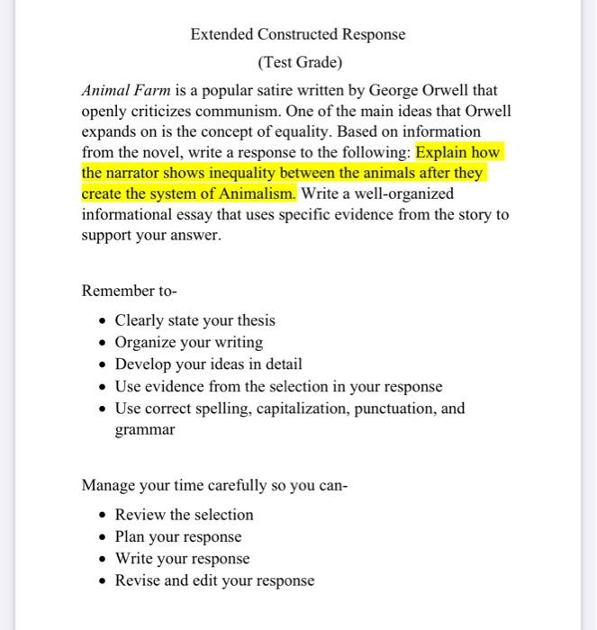 Extended Constructed Response (Test Grade) Animal | Chegg.com