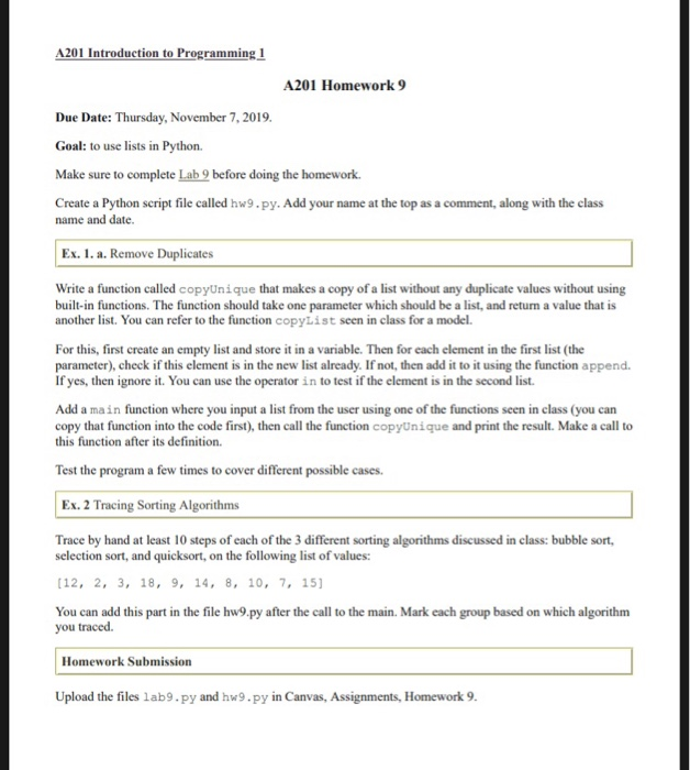 Solved A201 Introduction to Programming 1 A201 Homework 9 | Chegg.com