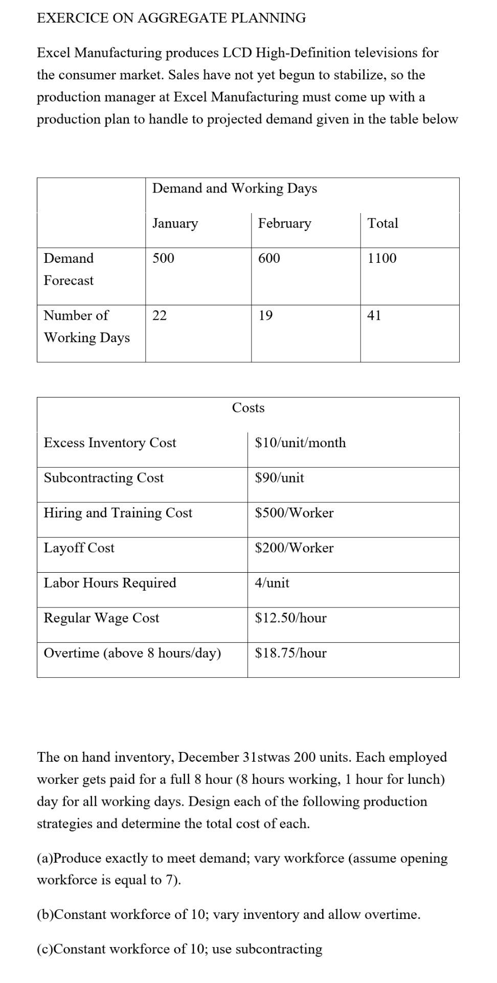 Solved EXERCICE ON AGGREGATE PLANNING Excel Manufacturing | Chegg.com