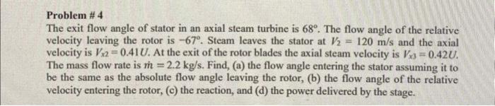 Solved Problem \# 4 The exit flow angle of stator in an | Chegg.com