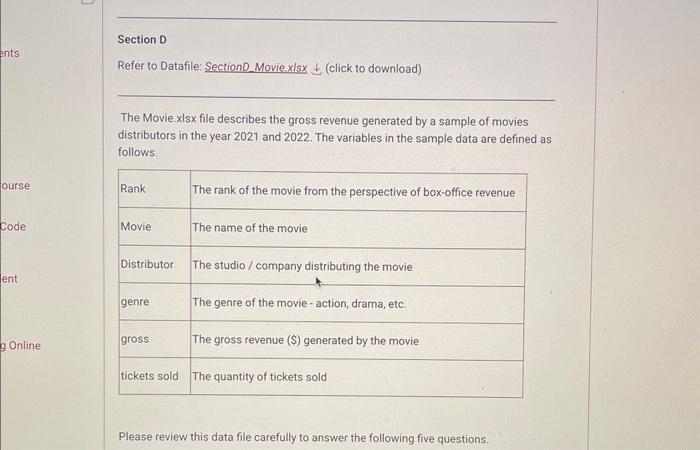 Solved The Movie. x Is x file describes the gross revenue | Chegg.com