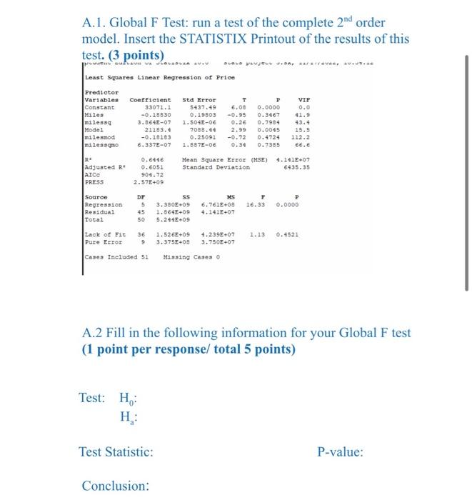 A.1. Global F Test: run a test of the complete 2nd | Chegg.com