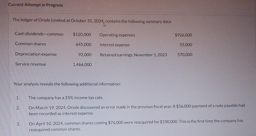 Solved Current Attempt in Progress The ledger of Oriole | Chegg.com
