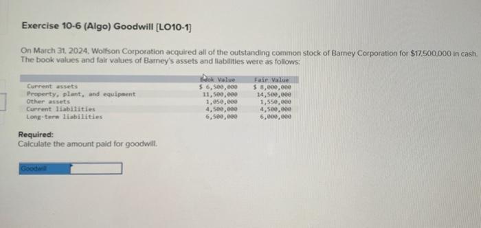 Solved Exercise 10-6 (Algo) Goodwill [LO10-1] On March 31, | Chegg.com