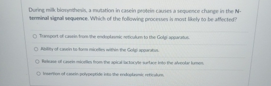 Solved During milk biosynthesis, a mutation in casein | Chegg.com