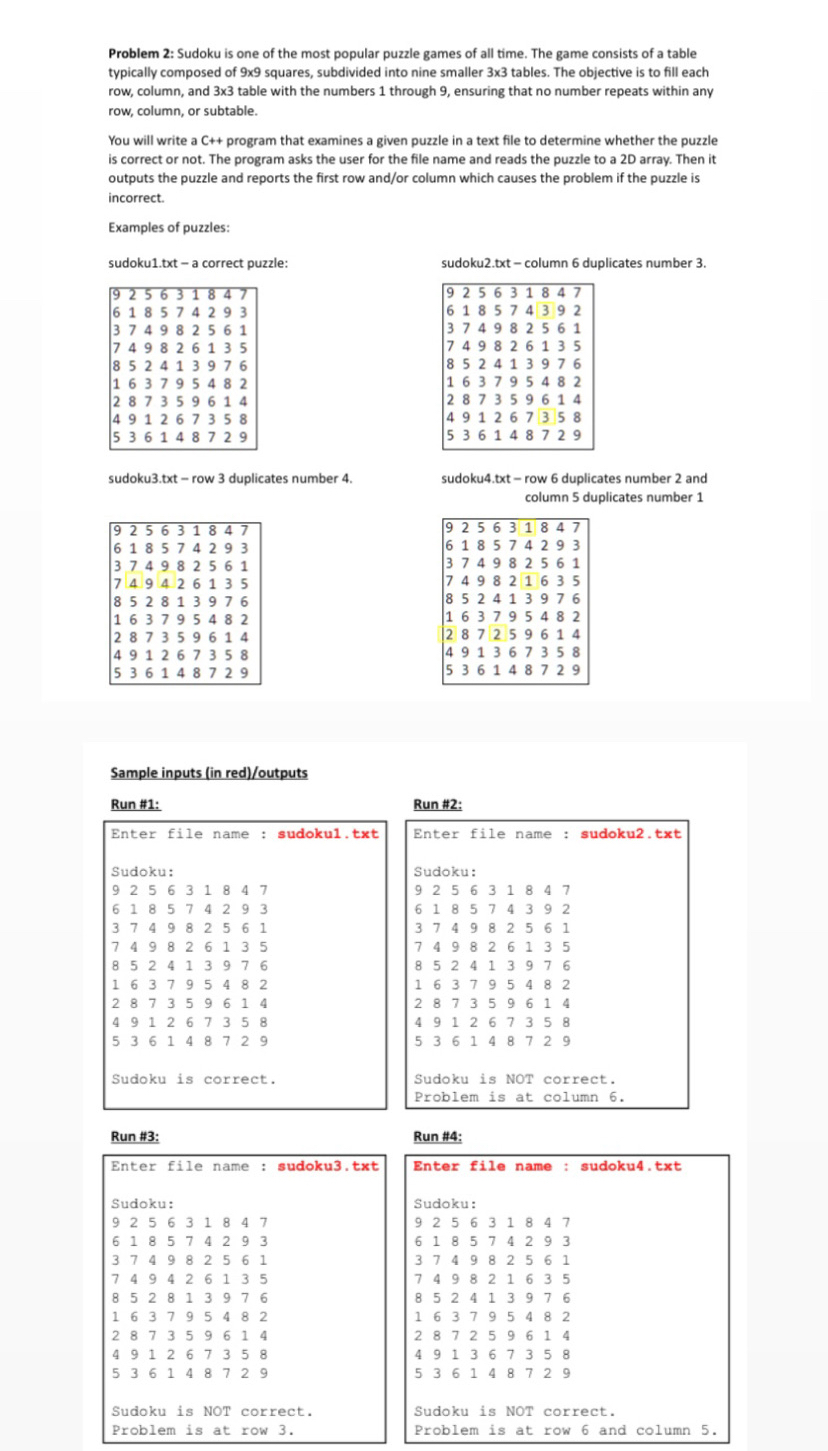Solved Problem 2: Sudoku is one of the most popular puzzle | Chegg.com
