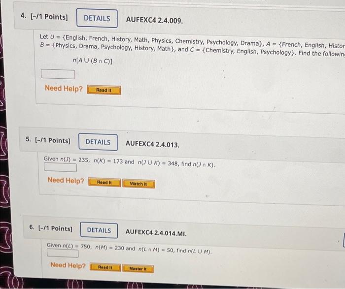 Solved 4. [-/1 Points) DETAILS AUFEXC4 2.4.009. Let U = | Chegg.com