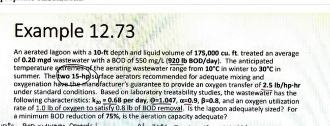Solved Example 12.73An aerated lagoon with a 10-ft depth and | Chegg.com