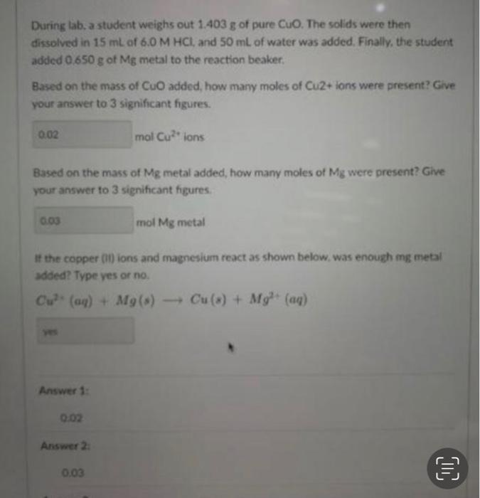 Solved During lab. a student weighs out 1.403 g of pure CuO. | Chegg.com