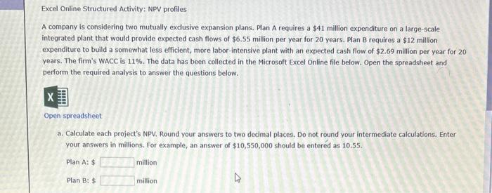 Solved Excel Online Structured Activity: NPV profiles A | Chegg.com