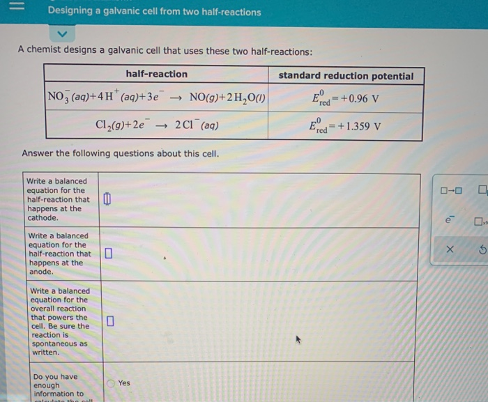 Solved Designing a galvanic cell from two half-reactions A | Chegg.com