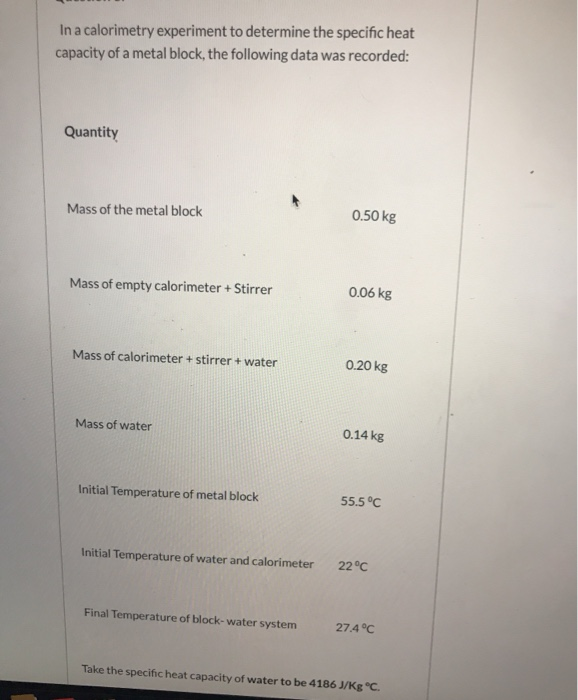 Solved In a calorimetry experiment to determine the specific | Chegg.com