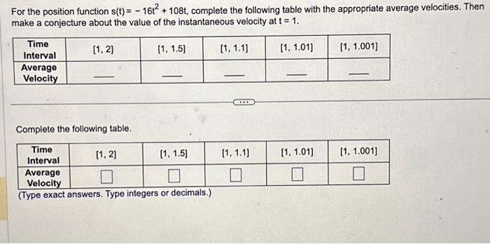 Solved for the position function s(t)=-16t^2 +108t complete | Chegg.com