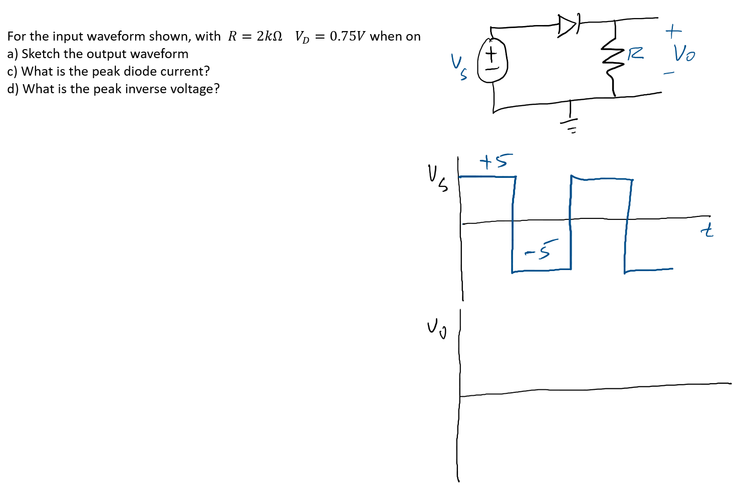 Solved For the input waveform shown, with R=2kΩ,VD=0.75V | Chegg.com