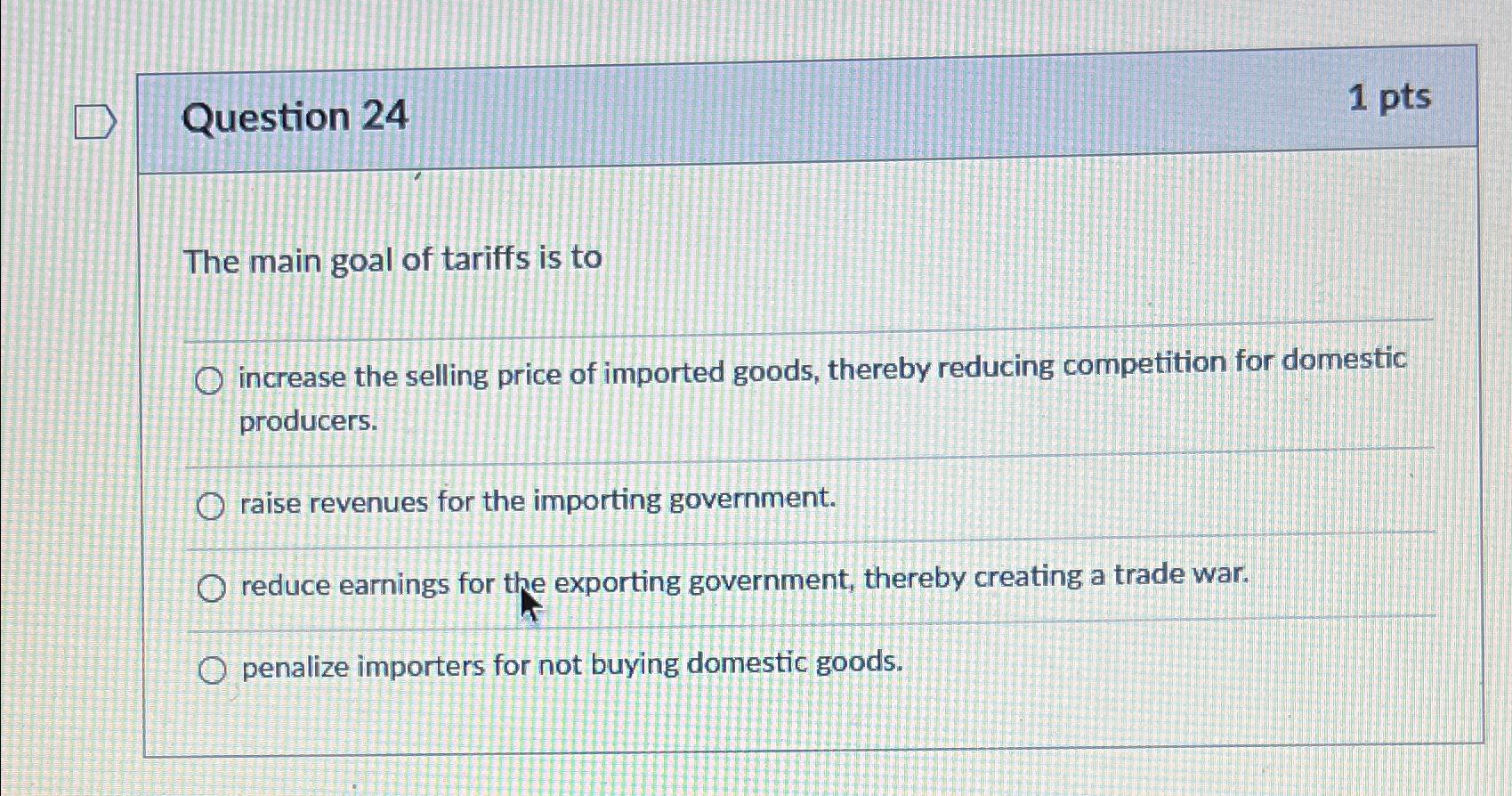 Solved Question 241 ﻿ptsThe main goal of tariffs is | Chegg.com