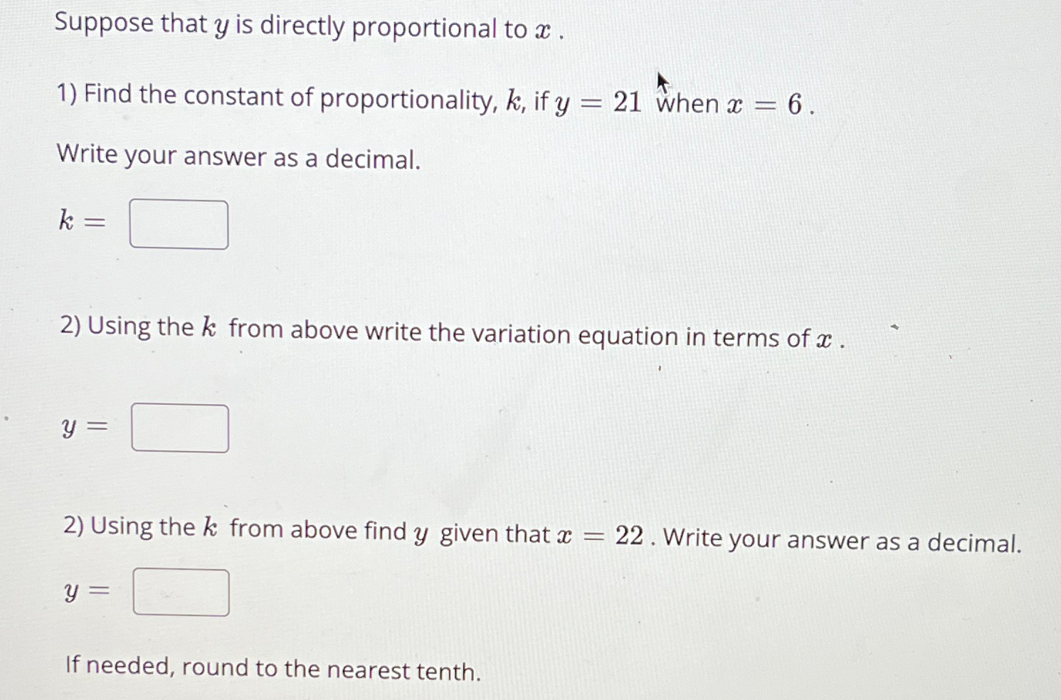 Solved Suppose that y ﻿is directly proportional to x.Find | Chegg.com