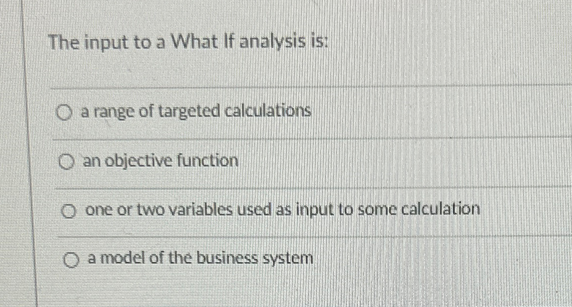 Solved The input to a What If analysis is:a range of | Chegg.com