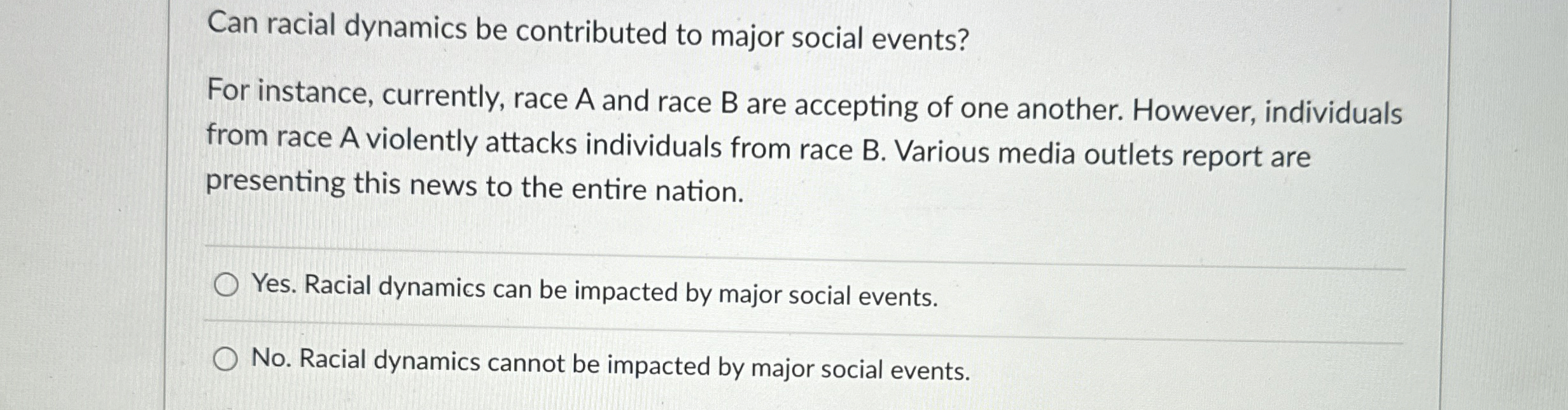 Solved Can racial dynamics be contributed to major social | Chegg.com