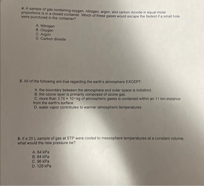 Solved 4. A sample of gas containing oxygen, nitrogen, | Chegg.com