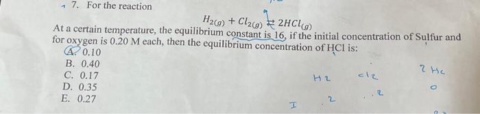 Solved H2(g)+Cl2(g)⇄2HCl(g) At a certain temperature, the | Chegg.com