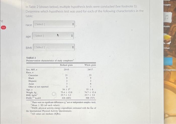 Solved ng 56 In Table 2 (shown below), multiple hypothesis | Chegg.com