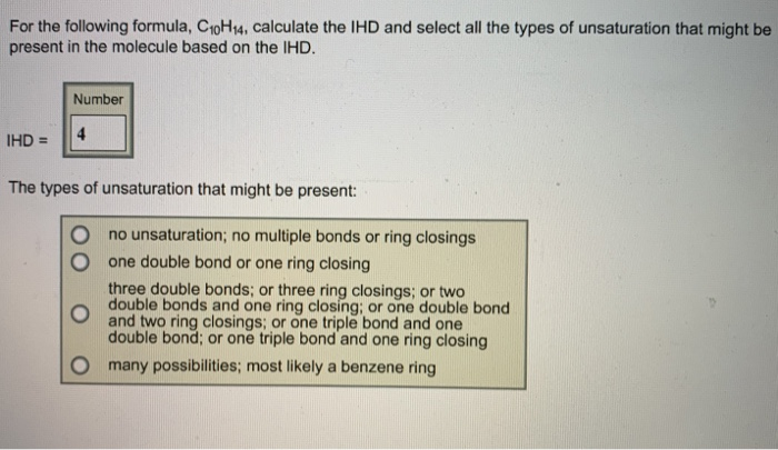 Solved For the following formula, C10H14, calculate the IHD | Chegg.com
