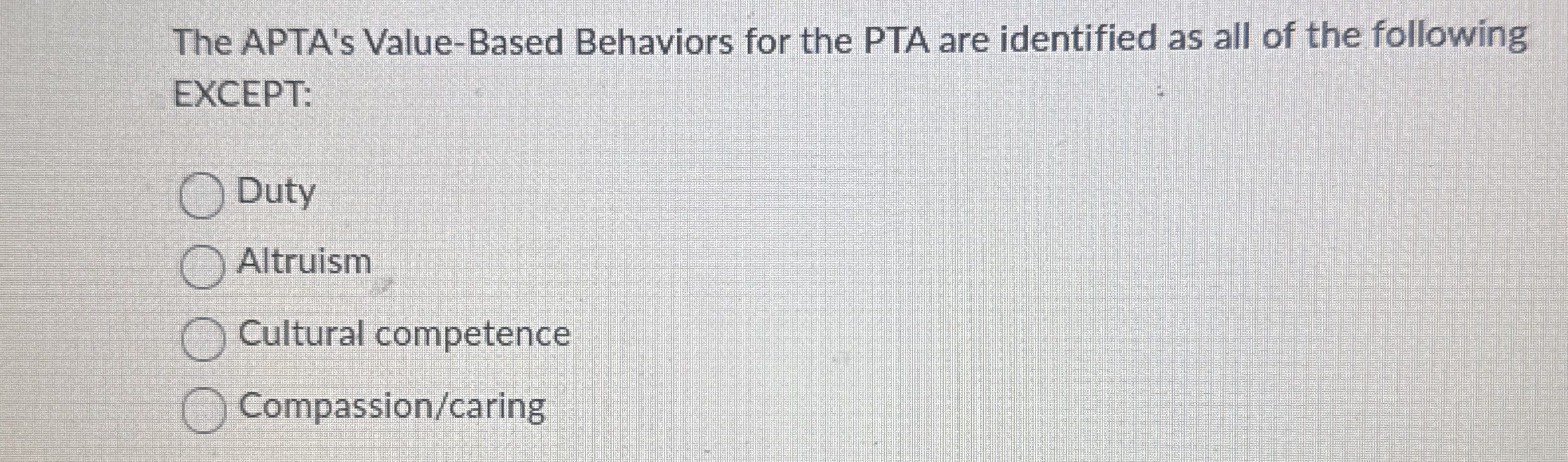 Solved The APTA's Value-Based Behaviors for the PTA are | Chegg.com