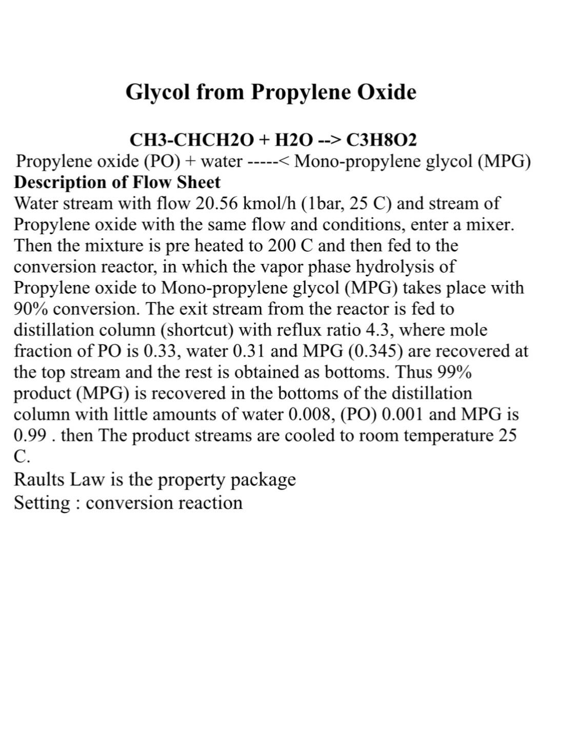 Solved Glycol from Propylene OxideUse dwsim and attach the | Chegg.com