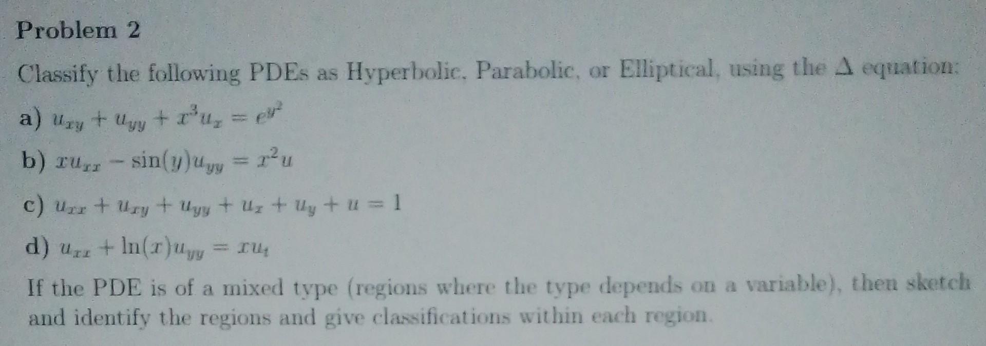 Solved Classify the following PDEs as Hyperbolic. Parabolic, | Chegg.com