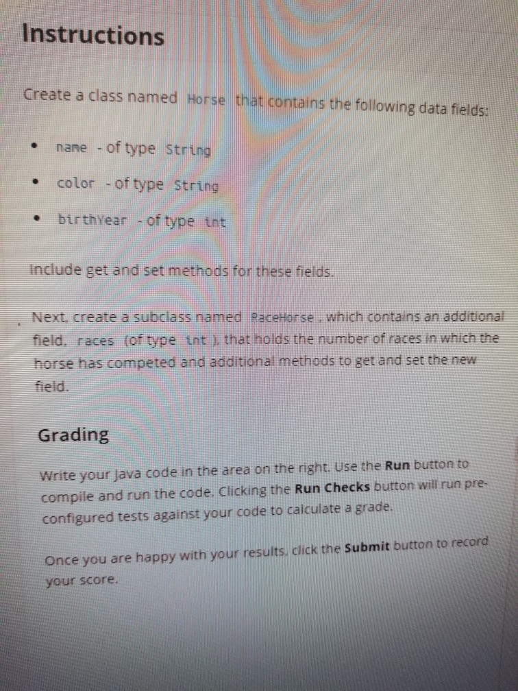 Solved Instructions Create a class named Horse that contains | Chegg.com