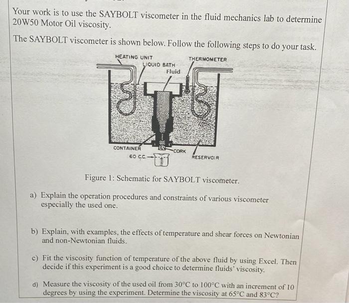 Solved Your work is to use the SAYBOLT viscometer in the | Chegg.com
