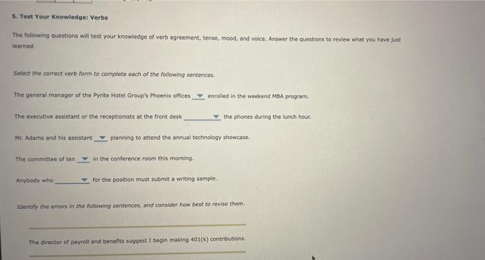 5. Test Your Knowledge: Verbs The following questions | Chegg.com