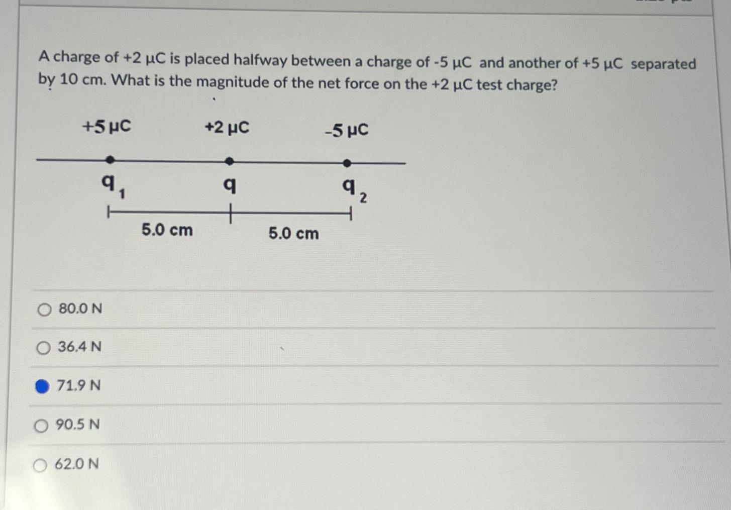 Solved A charge of +2μC ﻿is placed halfway between a charge | Chegg.com