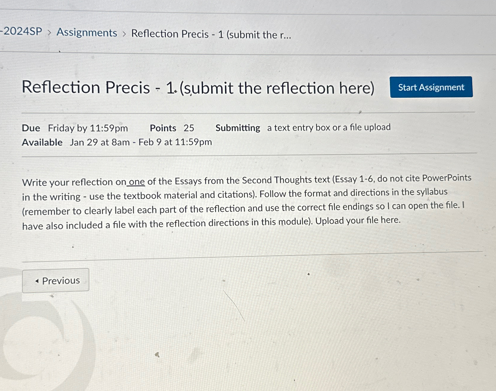 Solved -2024SP > ﻿Assignments > ﻿Reflection Precis | Chegg.com
