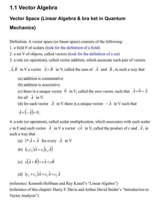 Solved 1.1 Vector Algebra Vector Space (Linear Algebra & bra | Chegg.com