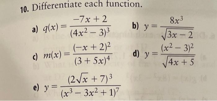 Solved 10. Differentiate each function. a) | Chegg.com