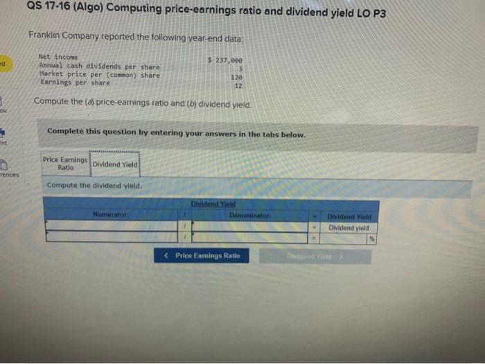 Solved QS 17-16 (Algo) Computing price-earnings ratio and | Chegg.com
