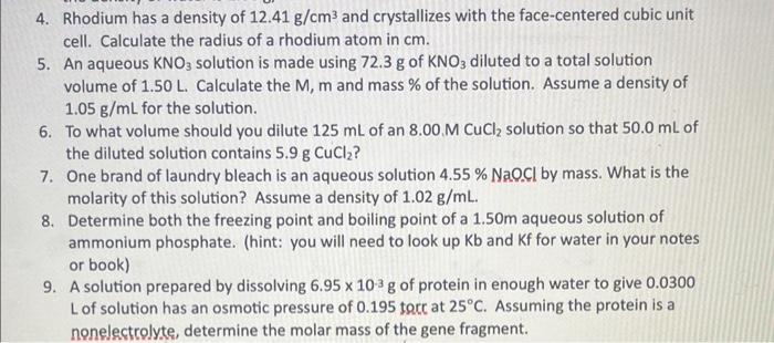 Solved 4. Rhodium has a density of 12.41 g/cm3 and | Chegg.com