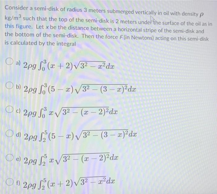 Solved Consider a semi-disk of radius 3 meters submerged | Chegg.com